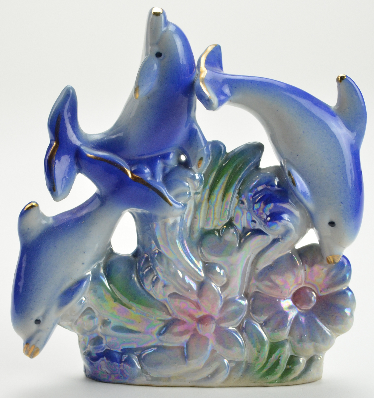 Ceramic Dolphin Figurine - 3 Blue Dolphins - 7" Tall