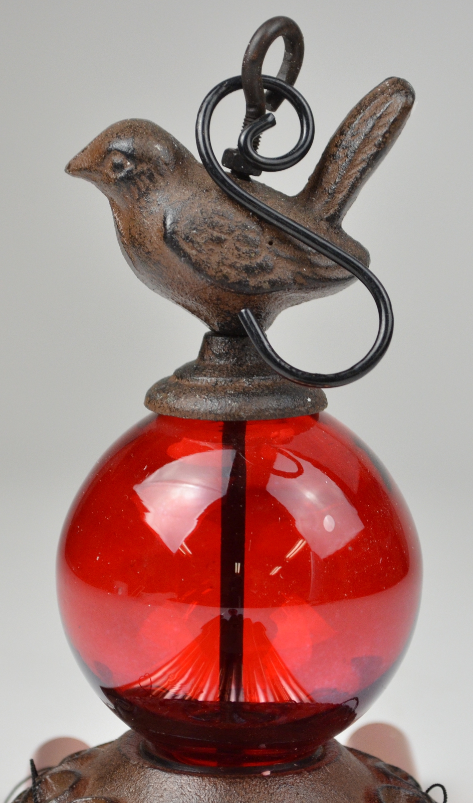 Cast Iron Bird Wind Chime With Ruby Red Globes - 31" Tall