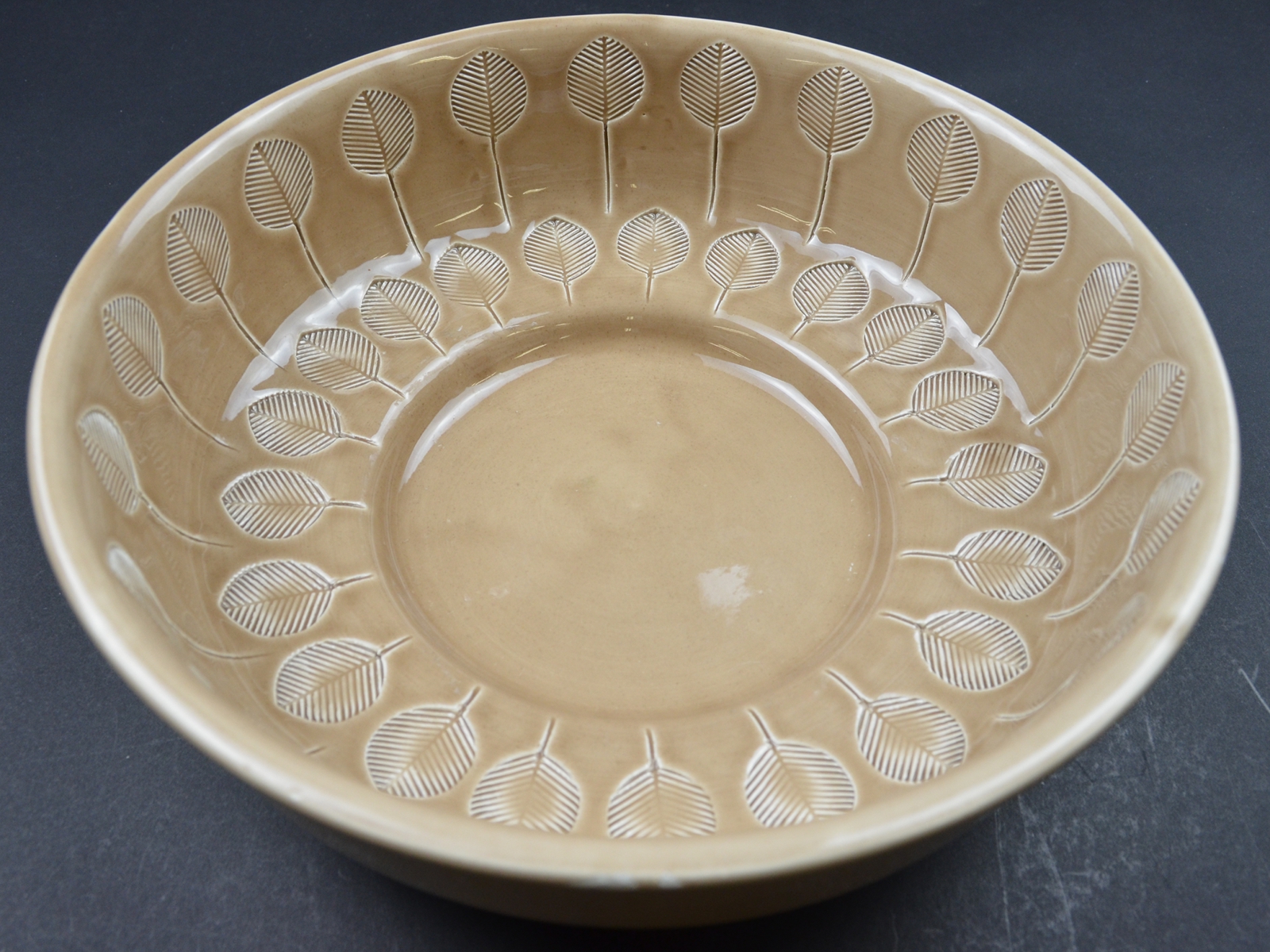 Tan Leaf Design Footed Serving Bowl - 11" Round